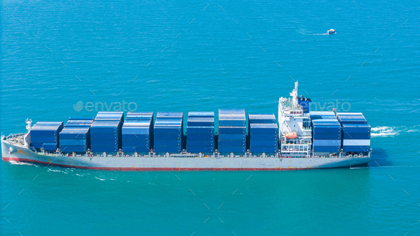 Side view of Cargo Container Ship, on beautiful blue sky. Container ...