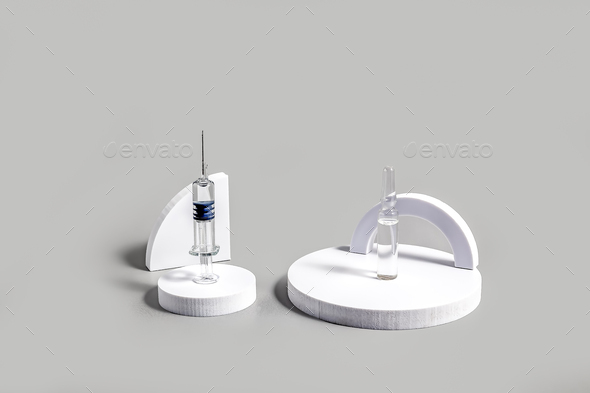medical ampoule, an injection syringe and white geometric shapes on a ...