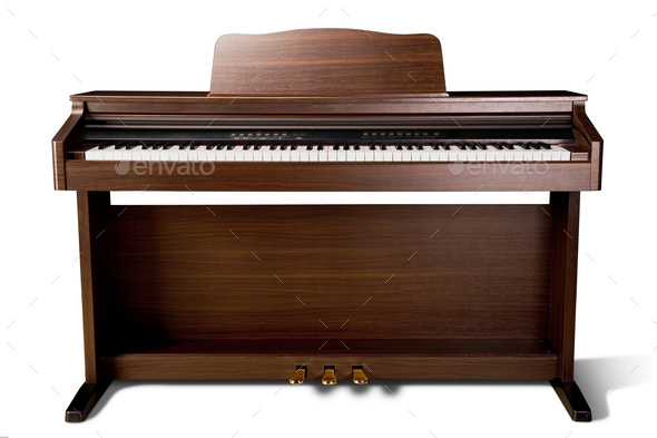Classic wooden upright piano isolated on white Stock Photo by ozaiachin