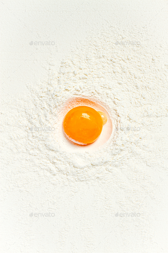 flour, with egg yolk, texture, food background, top view, pasta, no ...