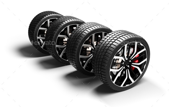 Stack of four performance car wheels on white background Stock Photo by ...