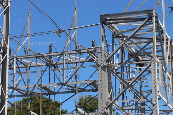 Steel electrical power grid under a bright blue sky Stock Photo by ...