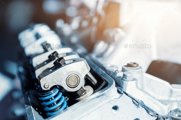 Closeup car racing motorsport v8 engine valve parts springs garage ...