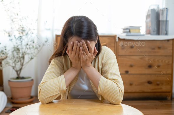 woman hand touching head have headache, young asian female stressed ...