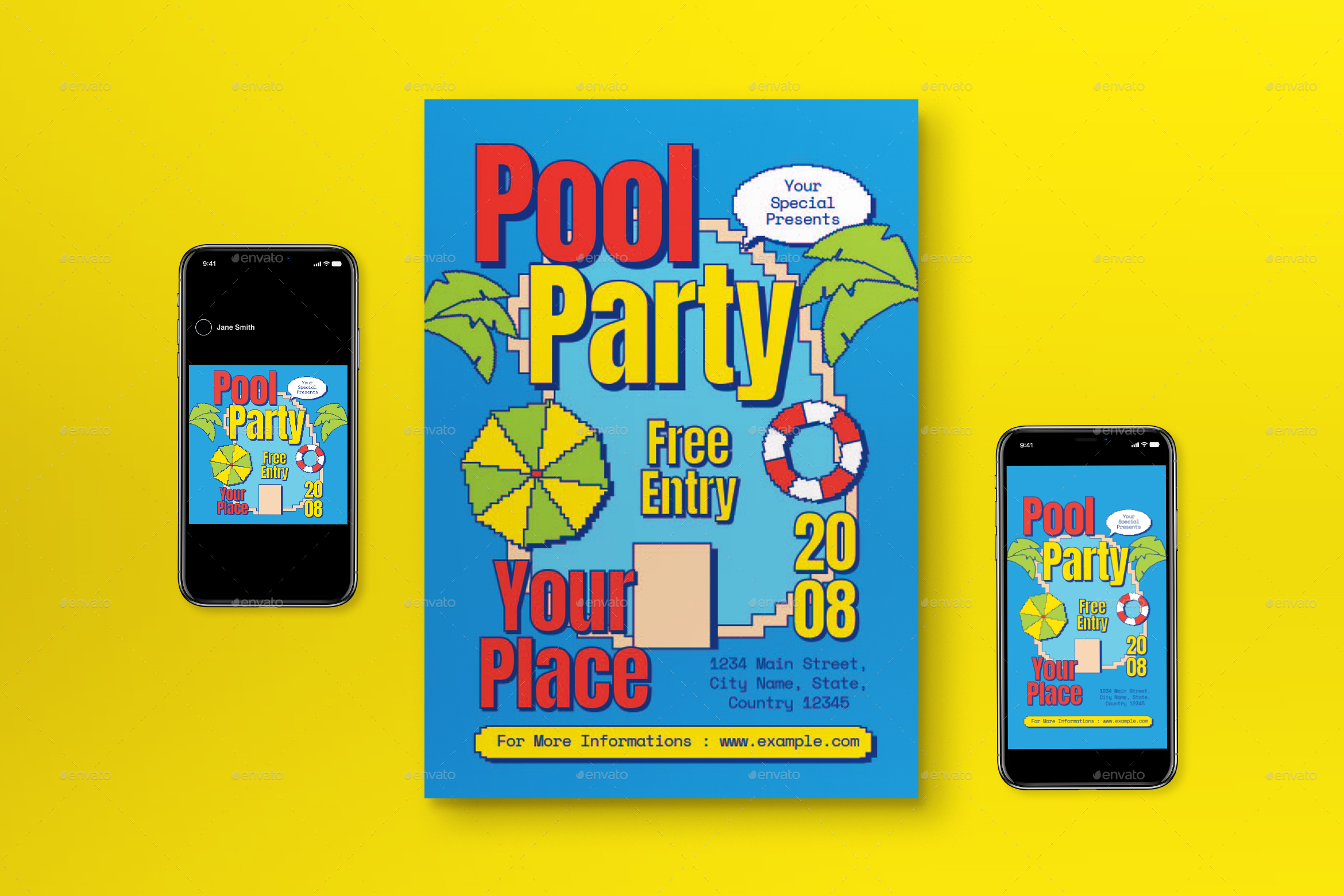 Blue Y2K Pixelated Pool Party Flyer Set, Print Templates | GraphicRiver
