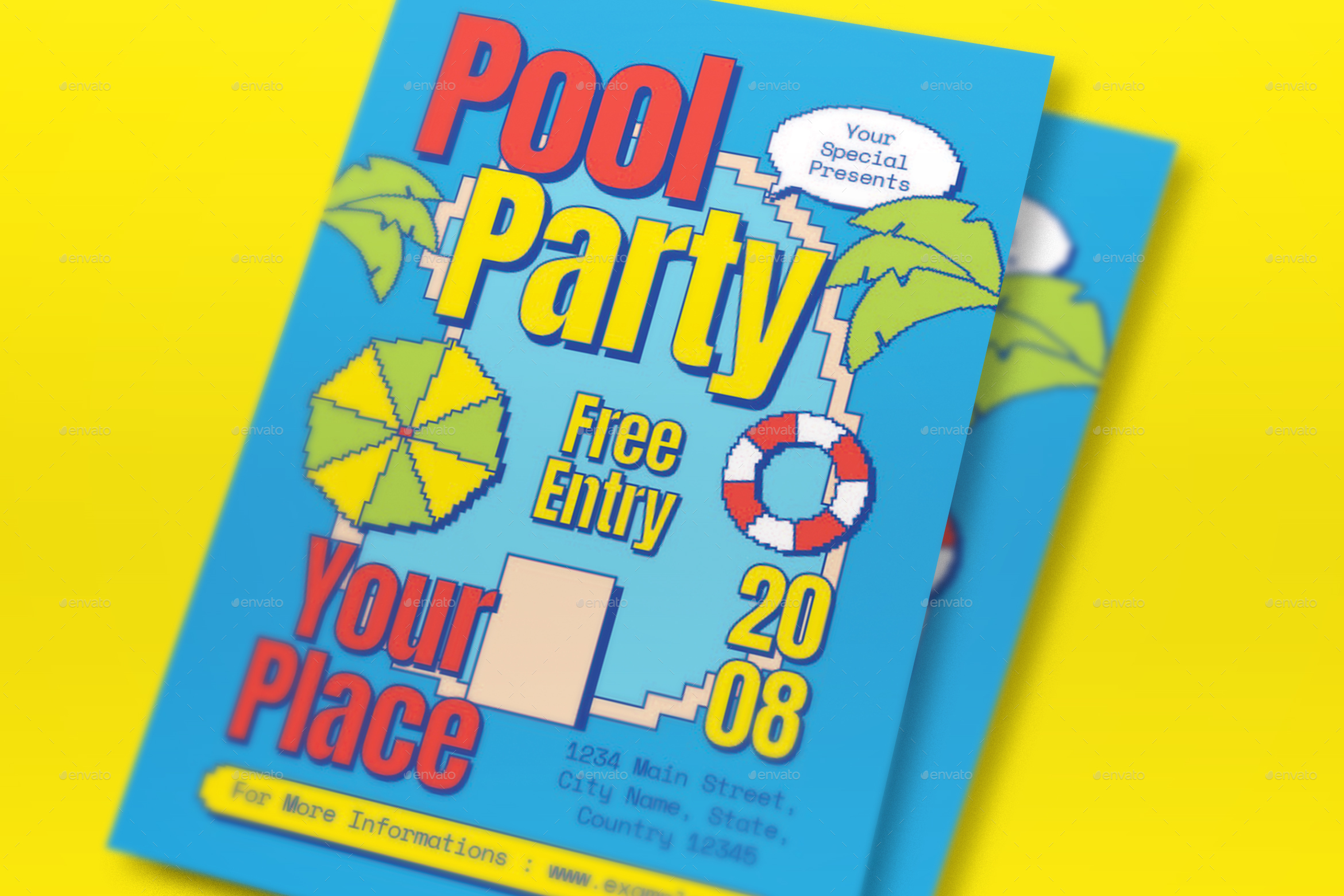 Blue Y2K Pixelated Pool Party Flyer Set, Print Templates | GraphicRiver