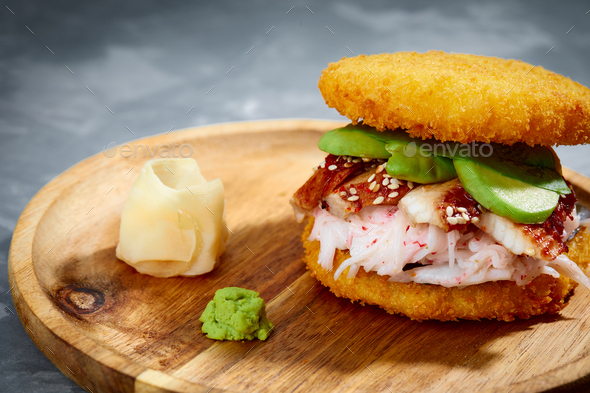 sushi menu with burger made from rice and smoked eel, avocado, light ...