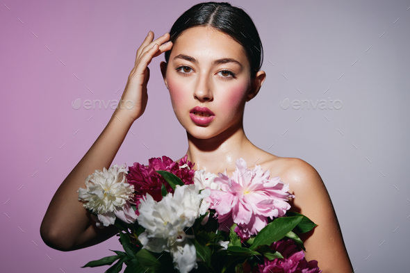 portrait woman model make-up style beauty pink blush flower face girl ...
