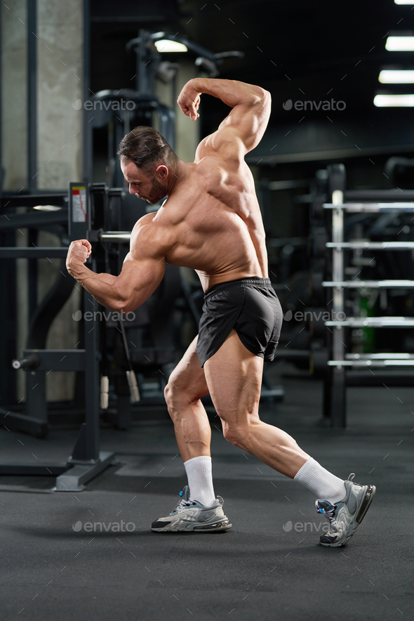 Muscular male model bending body, tensing muscles in gym. Stock Photo ...