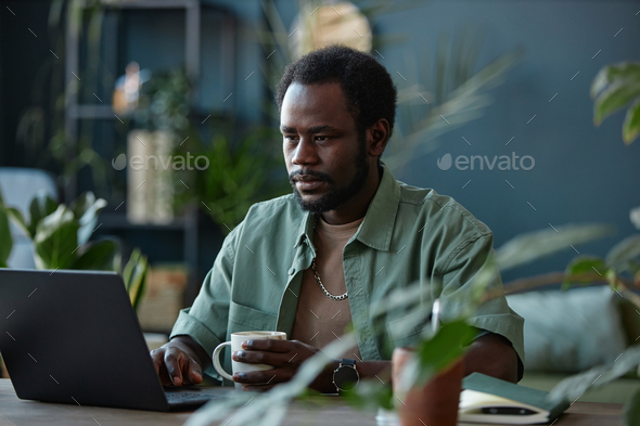 Black Man Using Computer at Workplace in Office Decorated with Plants Stock Photo by ...
