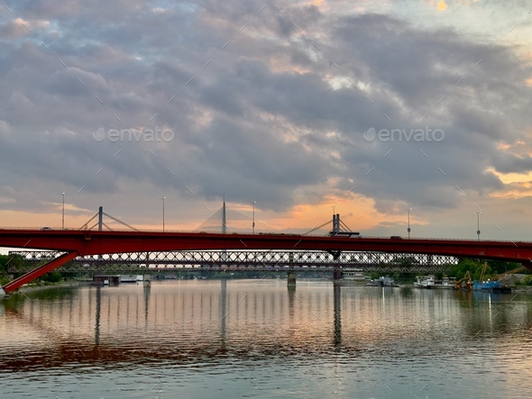 Gazela Bridge on a cloudy day. Belgrade, Serbia Stock Photo by wirestock