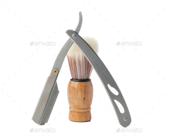 Vintage shaving razor and tools isolated on white Stock Photo by ...