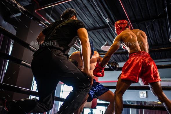 Two young professional boxer having a competition tournament on stage ...