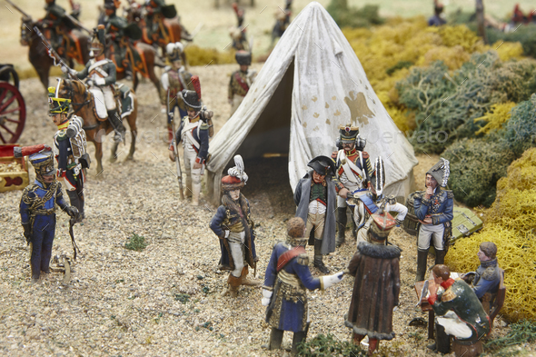 Model of Waterloo battle with tin miniature soldiers troops. Strategy ...