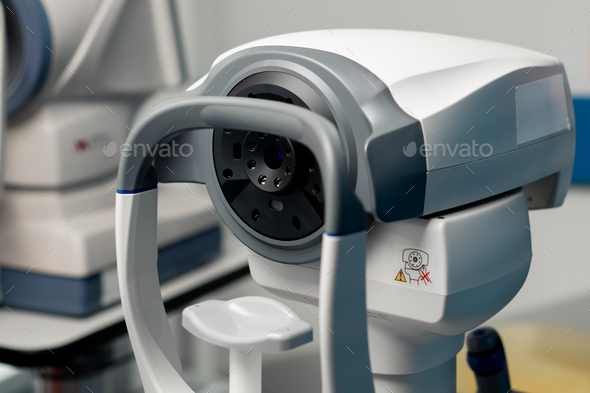 close-up in an ophthalmology clinic machine for checking the focal ...