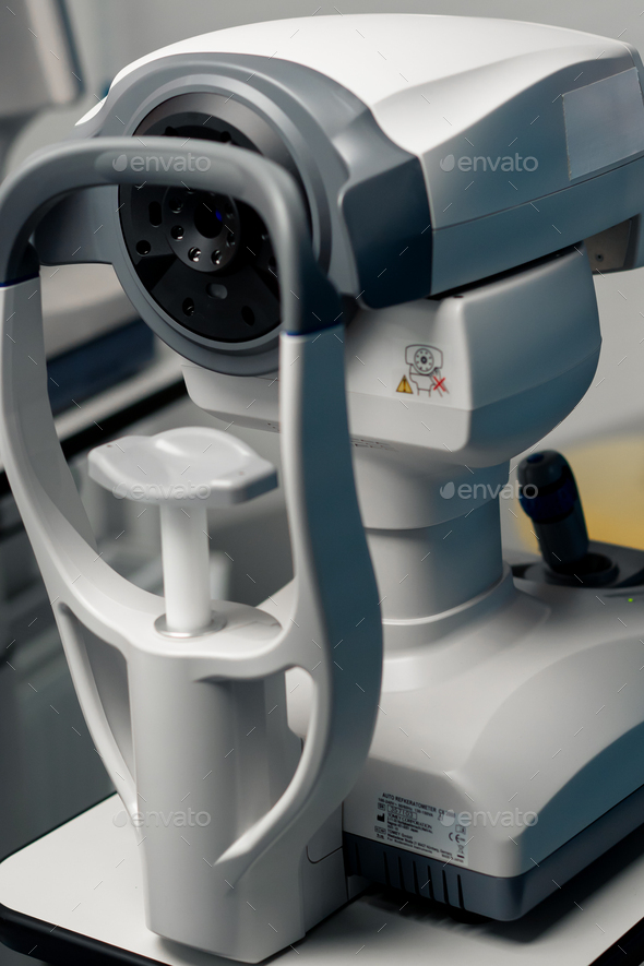 close-up in an ophthalmology clinic machine for checking the focal ...