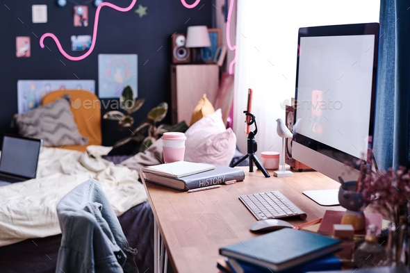 Part Of Teenagers Room Interior With Computer On Desk Stock Photo by ...