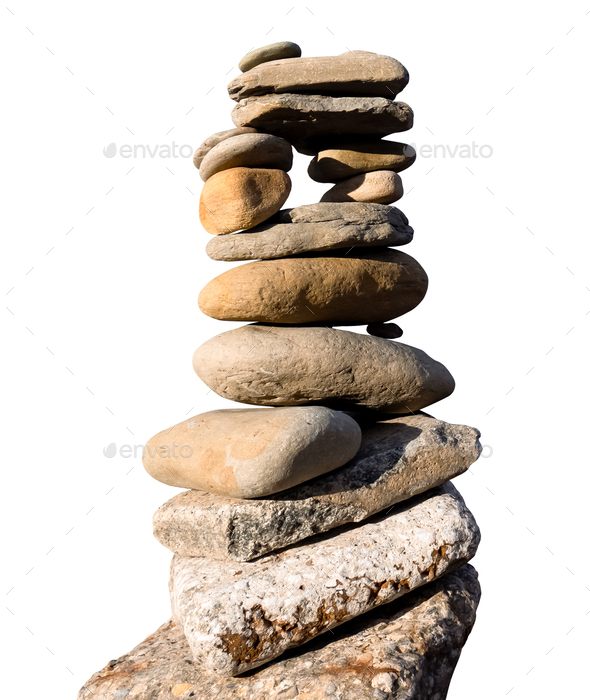 Stack of zen stones tower on white background, pebble sea rocks stacked ...