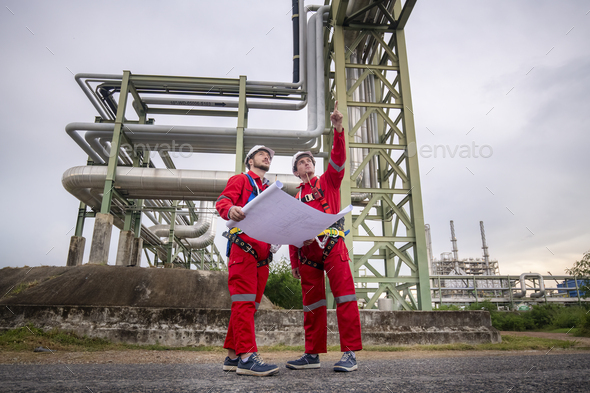 Engineer survey team wear uniform and helmet stand workplace checking ...