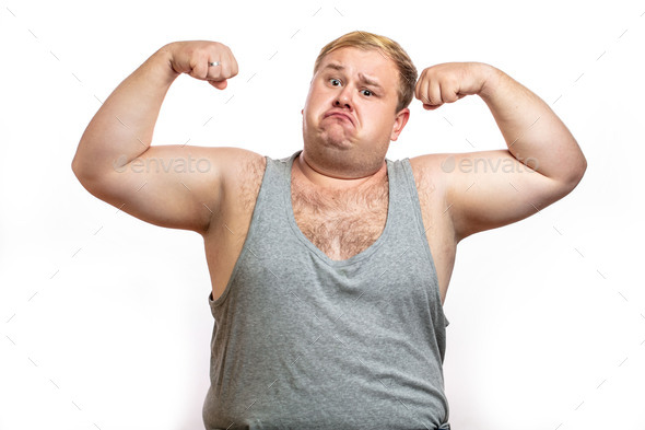 Funny overweight sports man flexing his muscle isolated on white ...