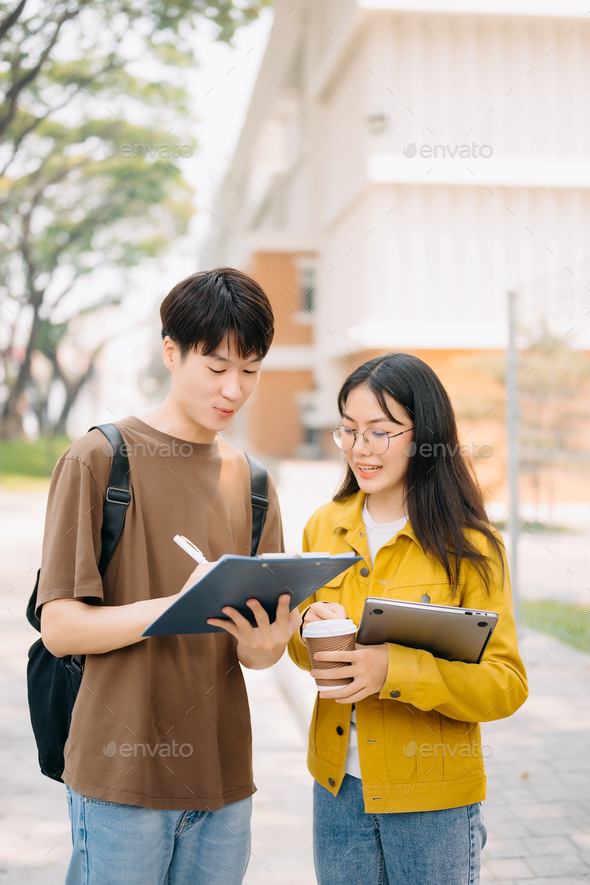 Two smart young Asian college students focusing on his school project ...