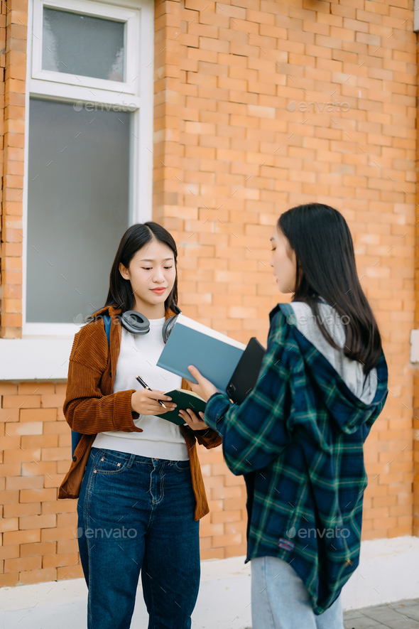 Two smart young Asian college students focusing on his school project ...