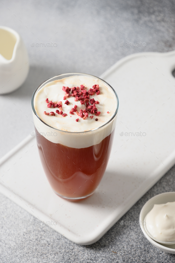 Cheese tea asian beverage with layer black tea and cream cheese foam ...