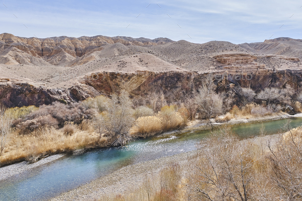 Charyn River flowing through Moon or Yellow Canyon. Charyn Canyon ...