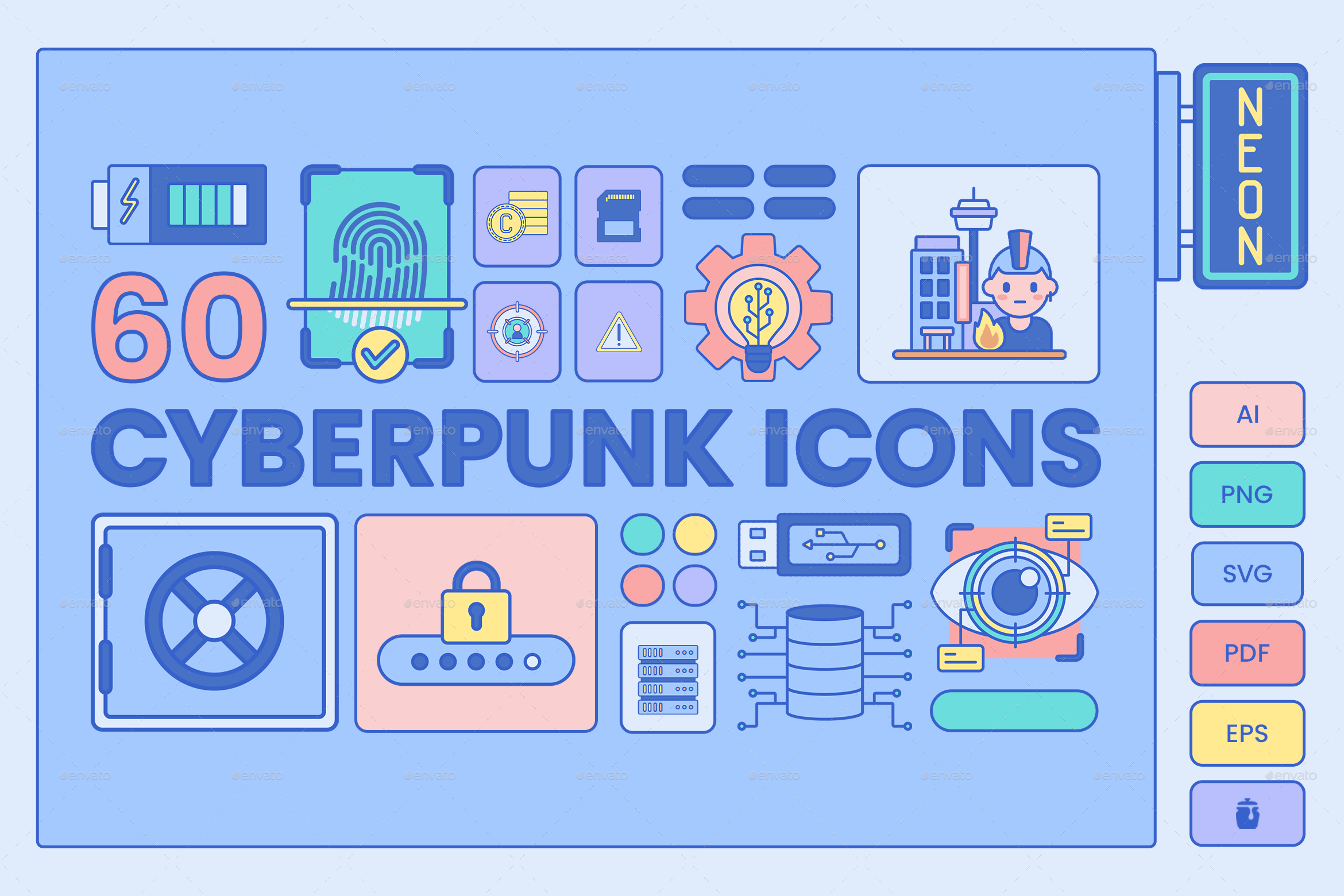 60 Cyberpunk Icons | Indigo Series, Icons | GraphicRiver