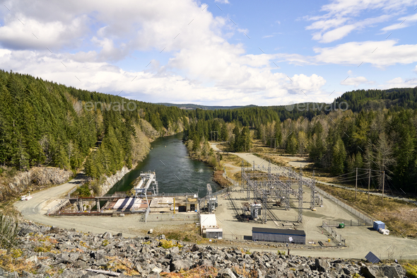 BC Hydro Strathcona Dam looking down at the visible infrastructure and ...