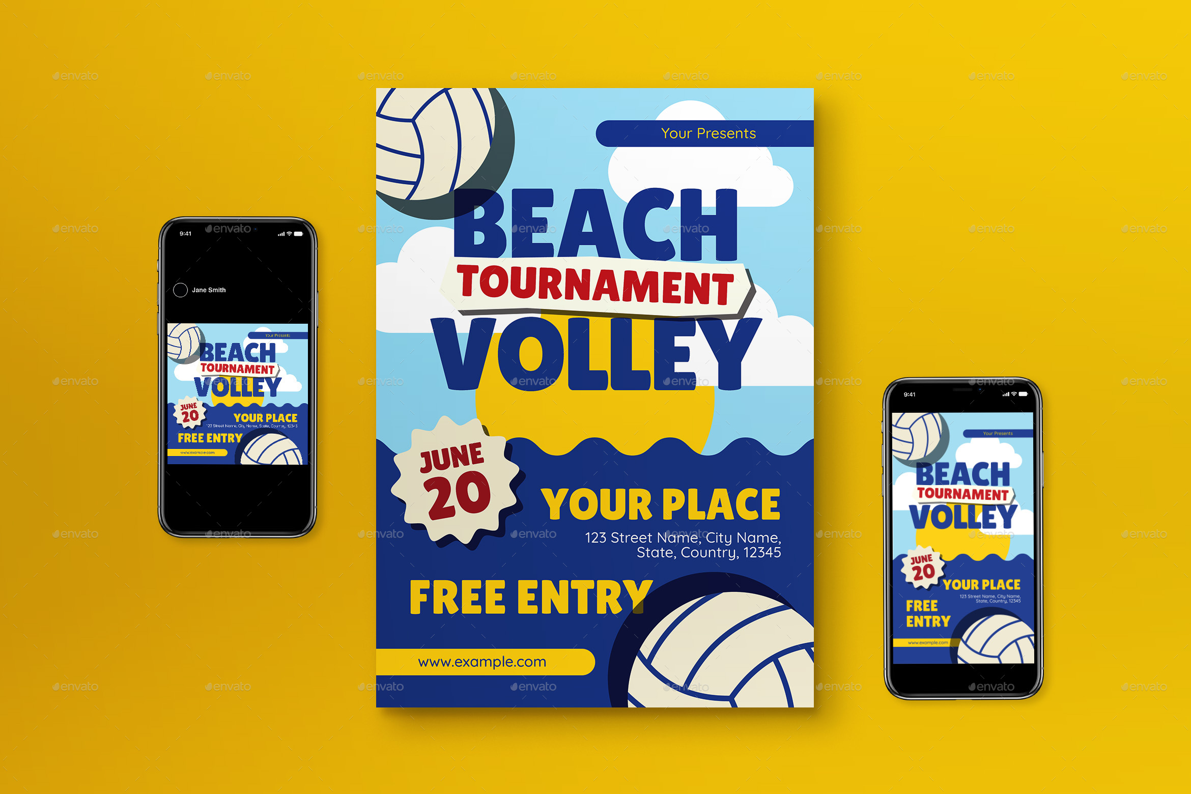 Blue Flat Design Beach Volley Flyer Set, Print Templates | GraphicRiver