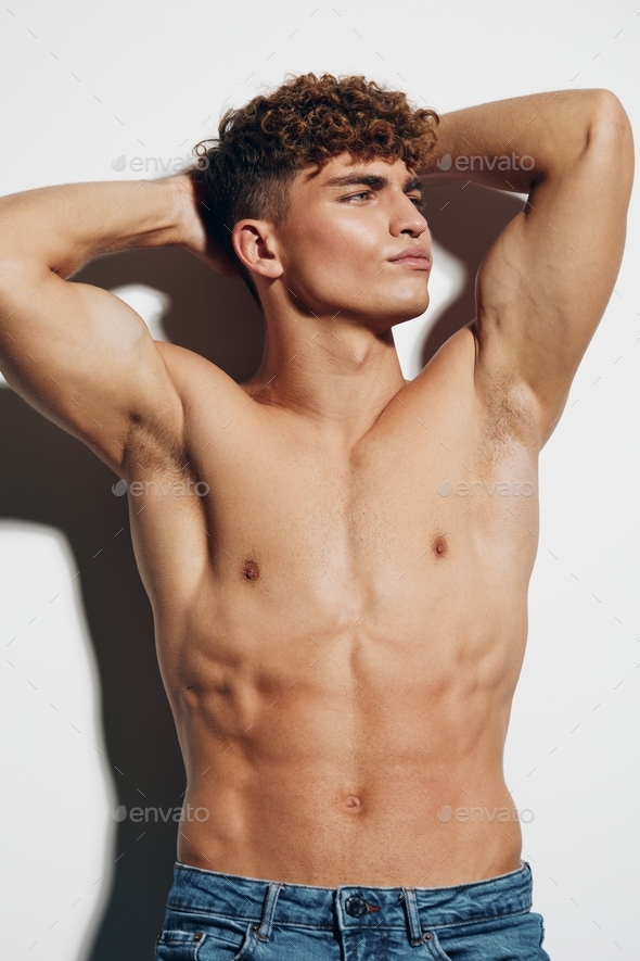 man athlete gray muscle fitness fit sport male white background adult ...