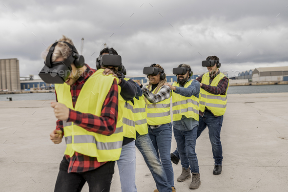 Interactive Team Building with VR at Construction Site Stock Photo by ...