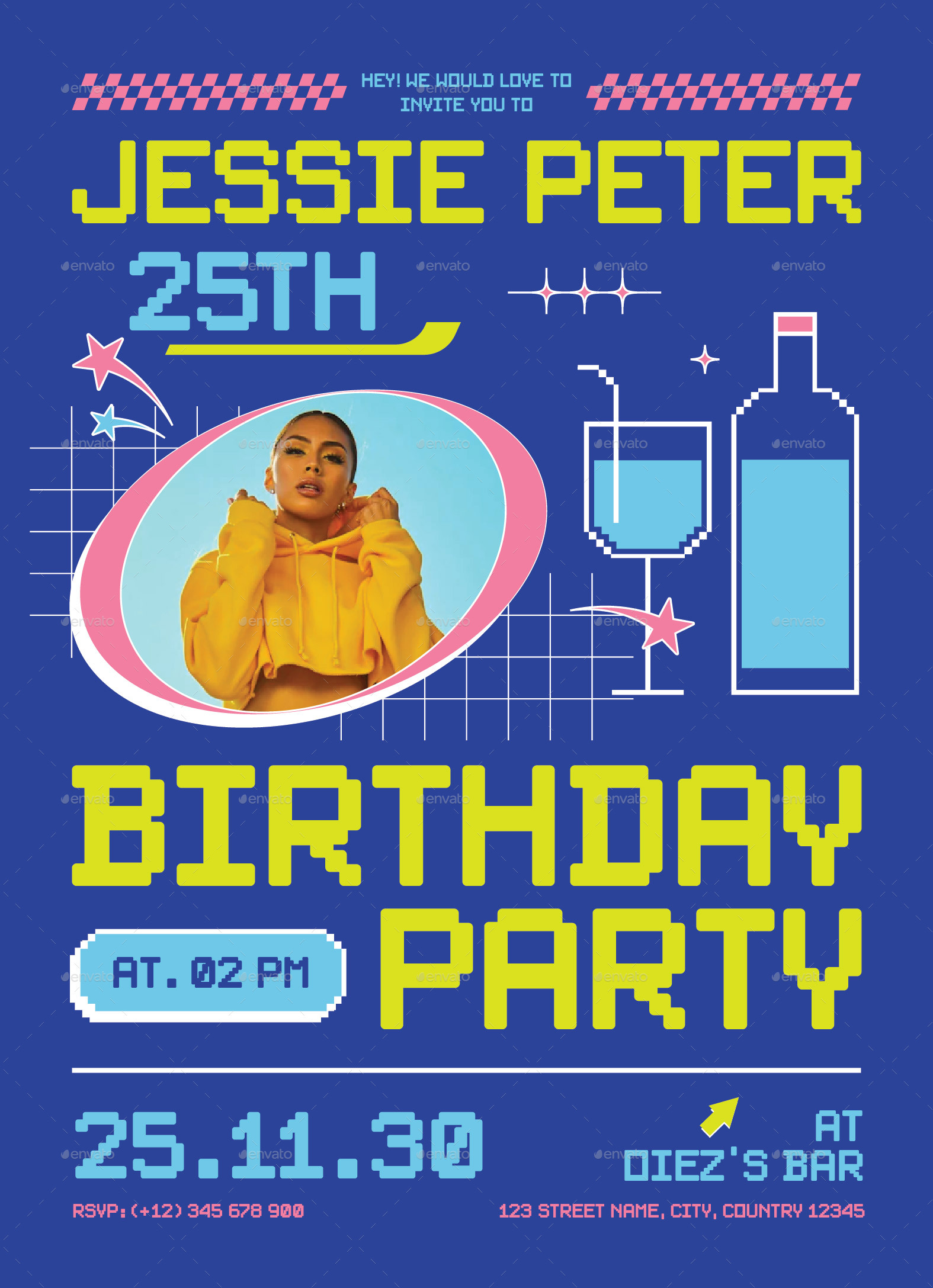 Blue Pink Pixel Y2K Birthday Invitation, Print Templates | GraphicRiver