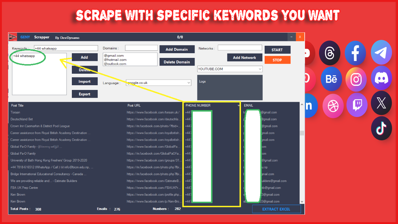 Deny Social Network Bulk Scraper - Scrape emails and phone numbers Data Extractor by DevDynamo