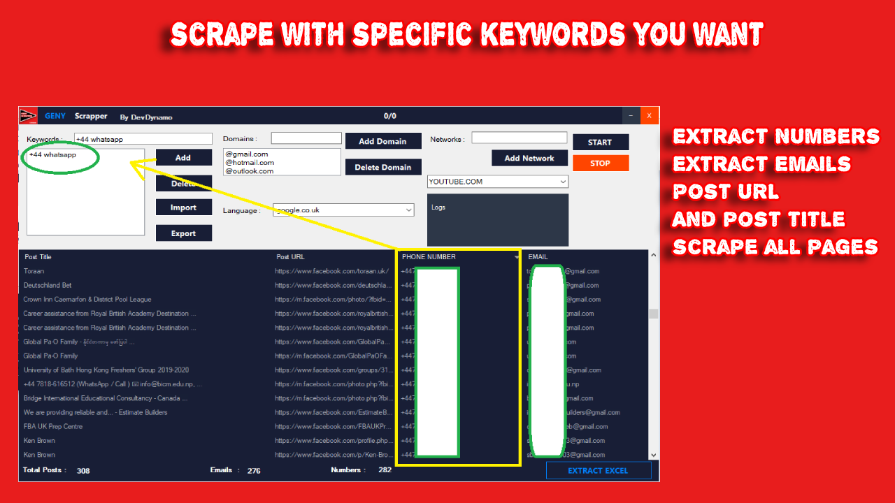 Deny Social Network Bulk Scraper - Scrape emails and phone numbers Data Extractor by DevDynamo
