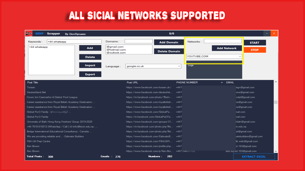 Deny Social Network Bulk Scraper - Scrape emails and phone numbers Data Extractor by DevDynamo