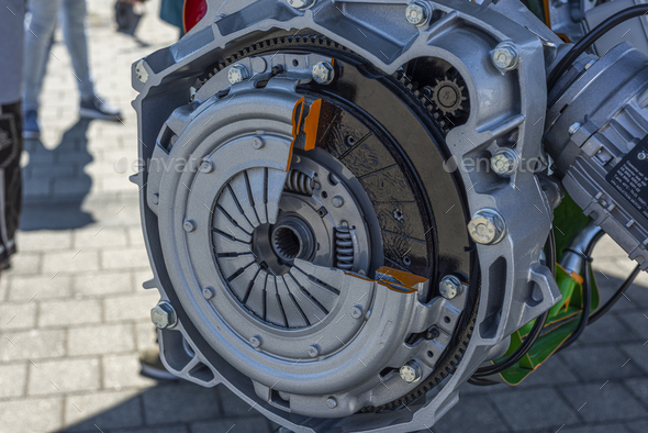 Cross section of a car clutch and a flywheel, modern car engine parts ...