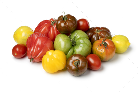 Variation of fresh whole juicy tomatoes isolated on white background ...