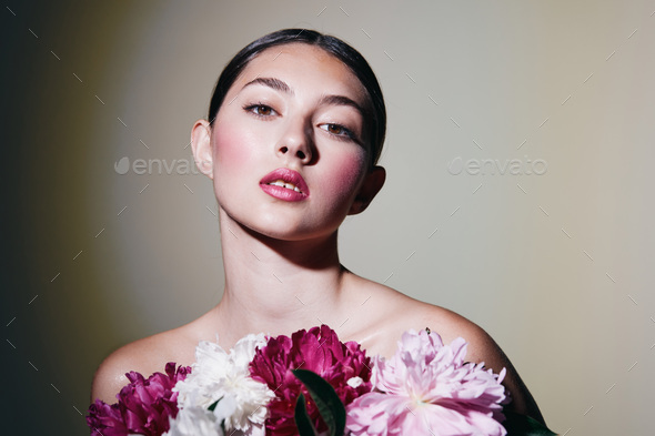 summer woman face model girl flower pink portrait make-up beauty blush ...