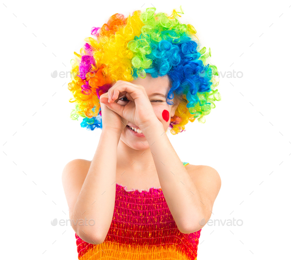Little girl in clown wig isolated on white background Stock Photo by ...