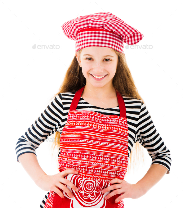Little girl in red chef uniform smiles Stock Photo by AFGreen | PhotoDune