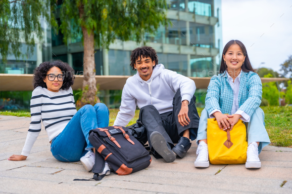 Diverse cool university students sitting outside the campus Stock Photo ...
