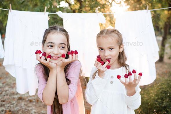Cute kid girls eating raspberry Stock Photo by morrowlight | PhotoDune
