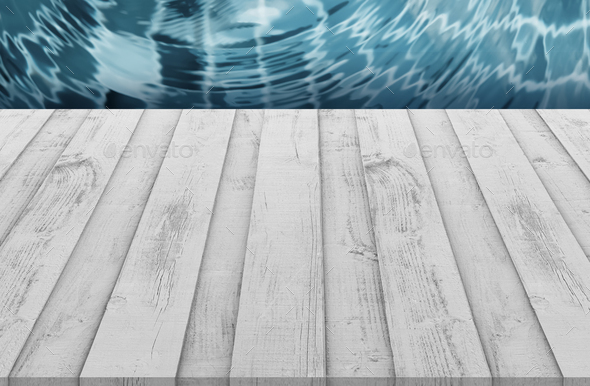 Empty White wooden deck with swimming pool,Top view wood floor over ...