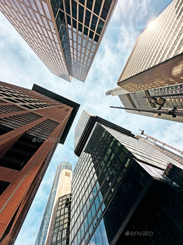 Tops Of Glass Modern Architecture Buildings From Below on Blue Sky ...