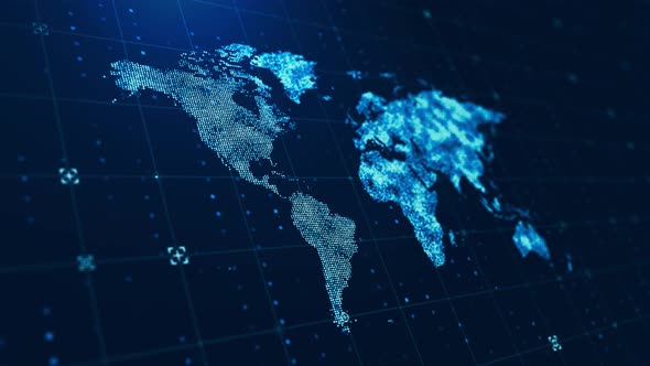 digital dotted world map with blinking particles and grid background 4K ...
