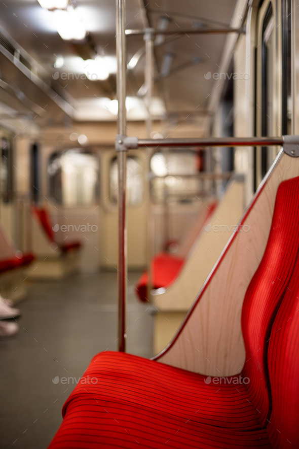 Subway car interior. Empty subway carriage, inside modern metro train ...