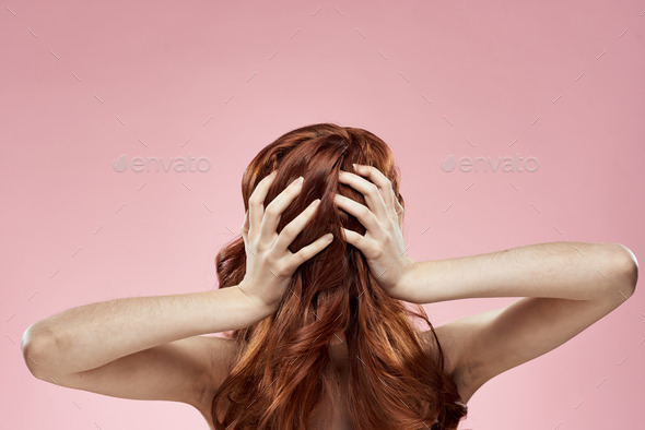 woman holding hair with hand problems hairstyle care emotions bare ...