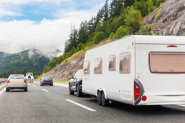 Scenic view big modern white family rv camper van vehicle drive Europe ...